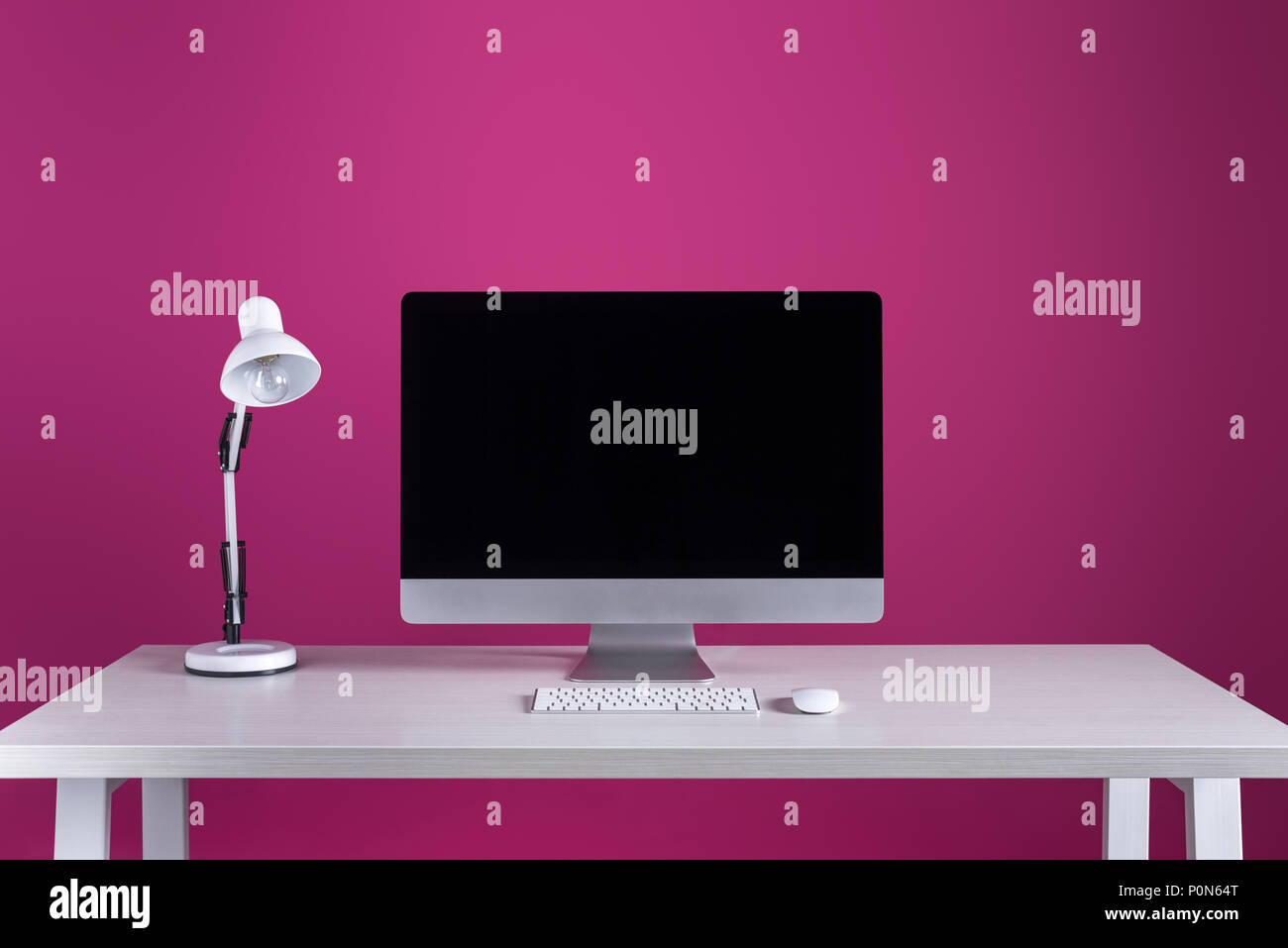 Desktop Computer With Blank Screen Keyboard Computer Mouse And Lamp