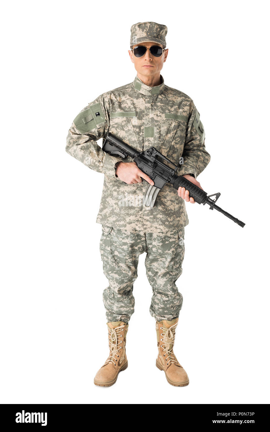 Army soldier in uniform holding gun isolated on white Stock Photo - Alamy