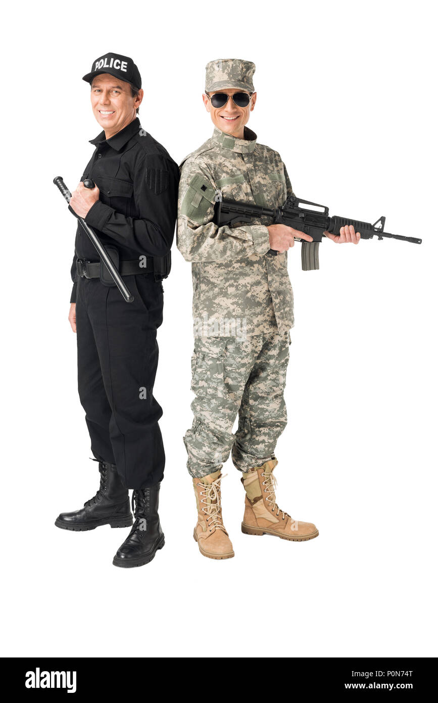 Young soldier with gun and policeman with baton isolated on white Stock ...