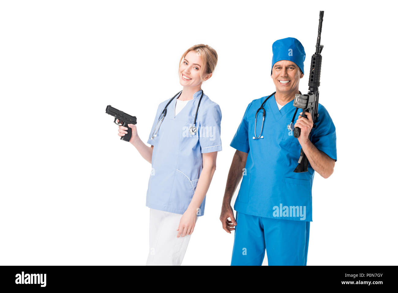 Medical crew nurse and doctor in uniform with guns isolated on white ...