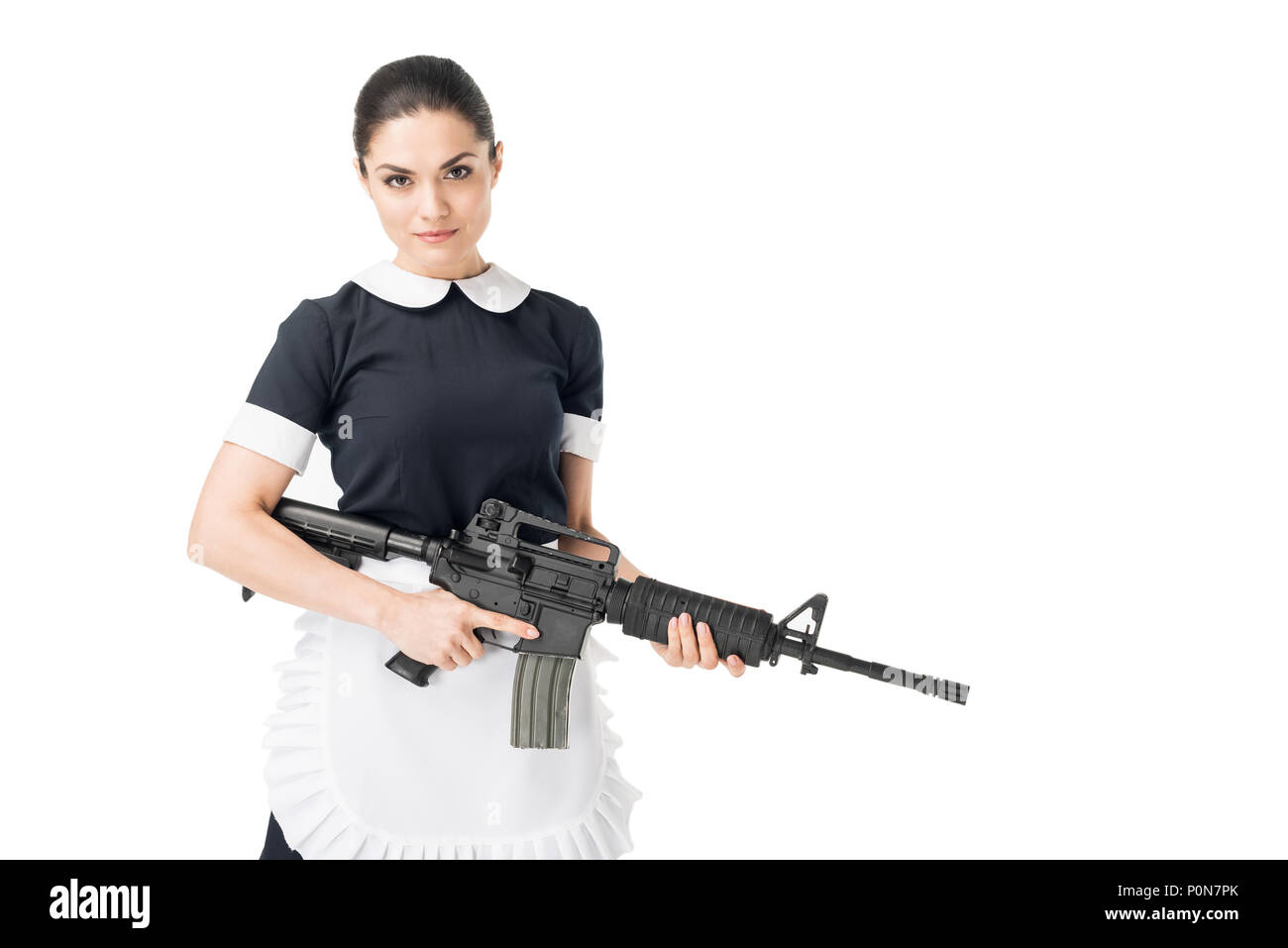 Young maid in uniform holding rifle isolated on white Stock Photo - Alamy