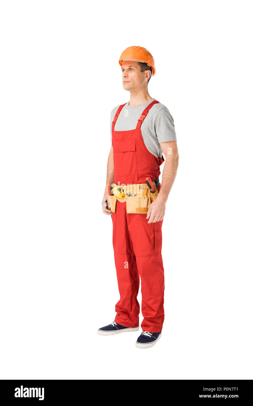 Handsome builder in uniform with tool belt isolated on white Stock ...