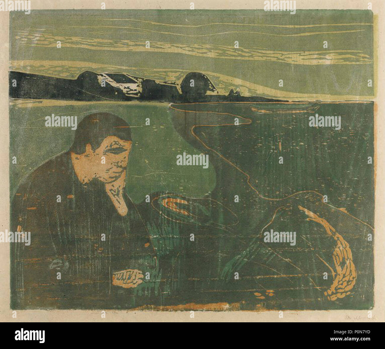 'Evening, Melancholy I' by Edvard Munch, woodcut, 1896 Stock Photo - Alamy