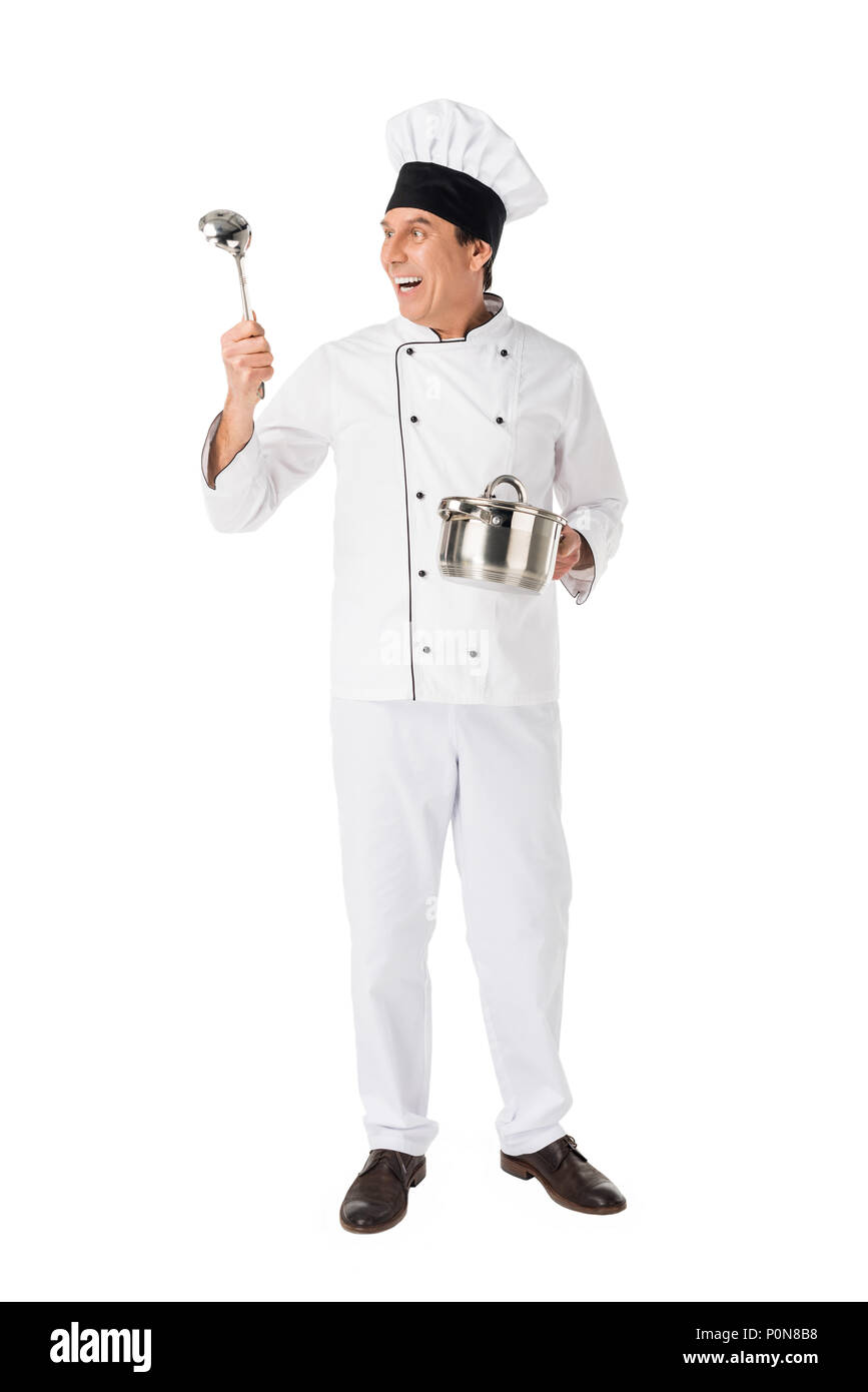Smiling chef with pan and ladle isolated on white Stock Photo - Alamy