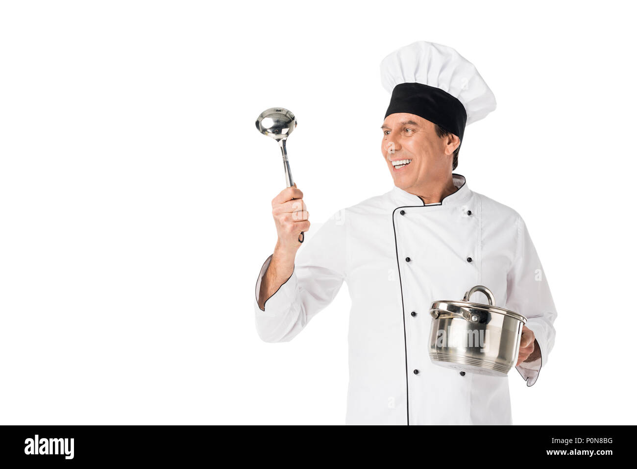 Man in chef uniform holding pan and ladle isolated on white Stock Photo ...