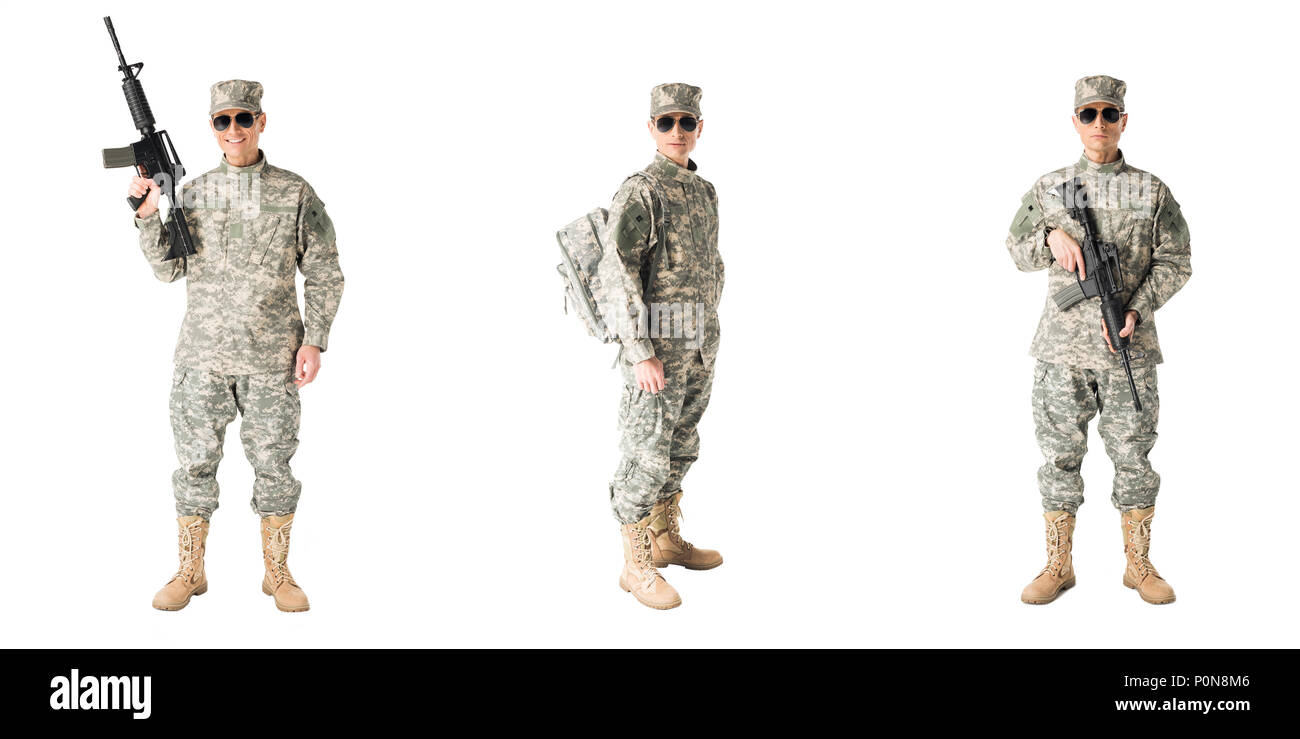 Collage with army soldier in uniform isolated on white Stock Photo - Alamy