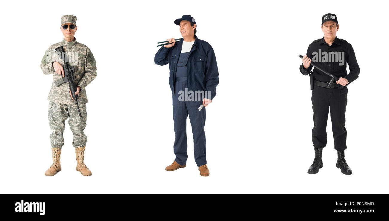 Collage with male professions soldier, policeman and plumber isolated ...