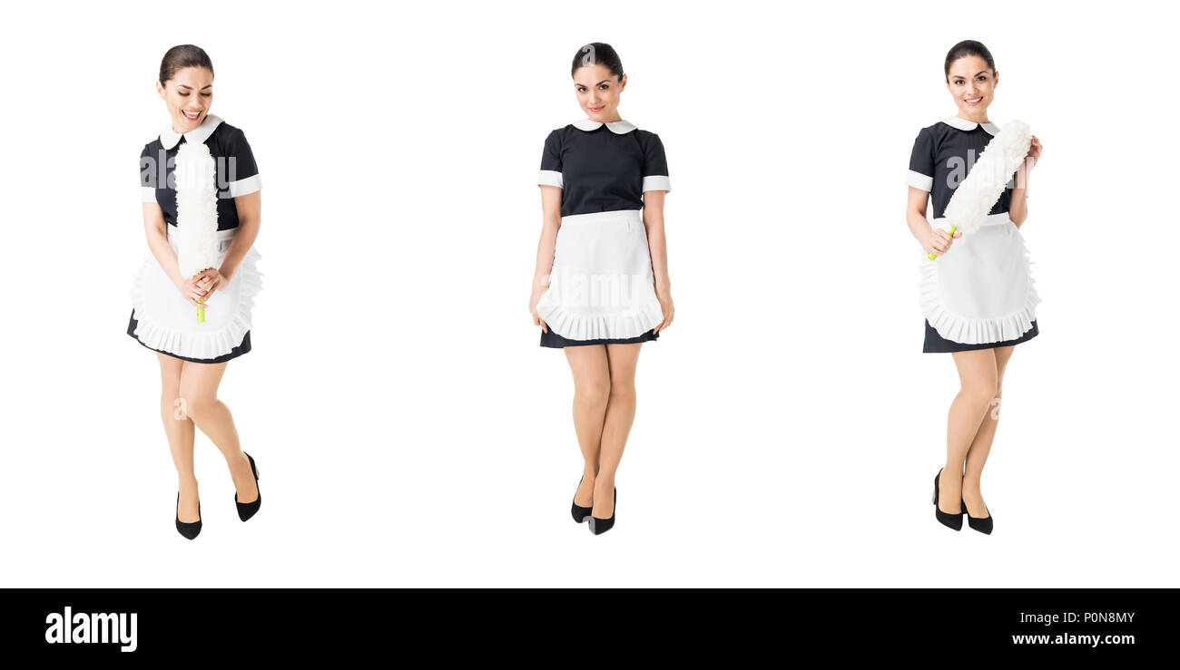 Collage with professional maid in uniform isolated on white Stock Photo ...