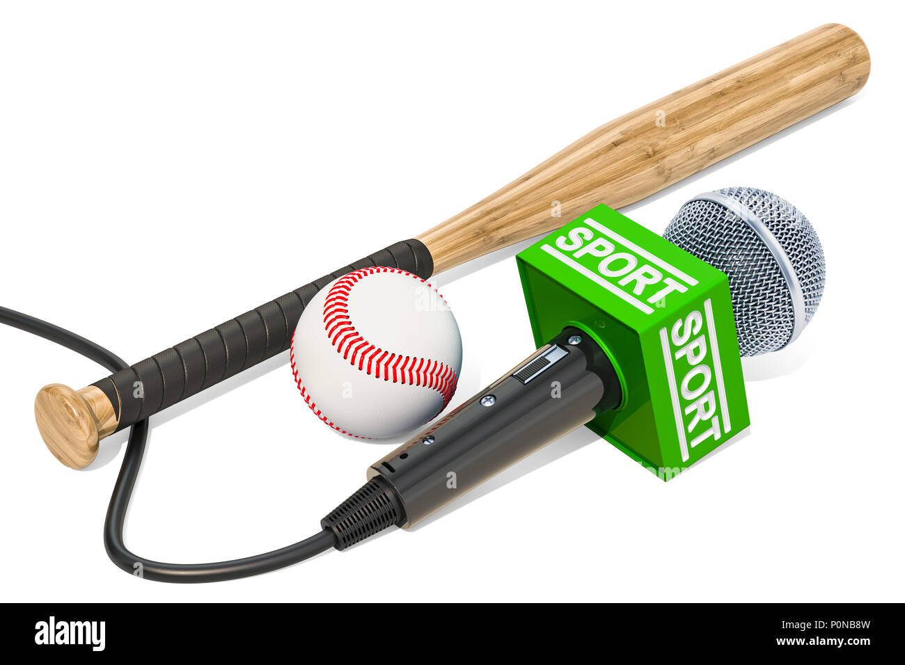 Baseball News concept. Microphone sport news with baseball ball and bat ...