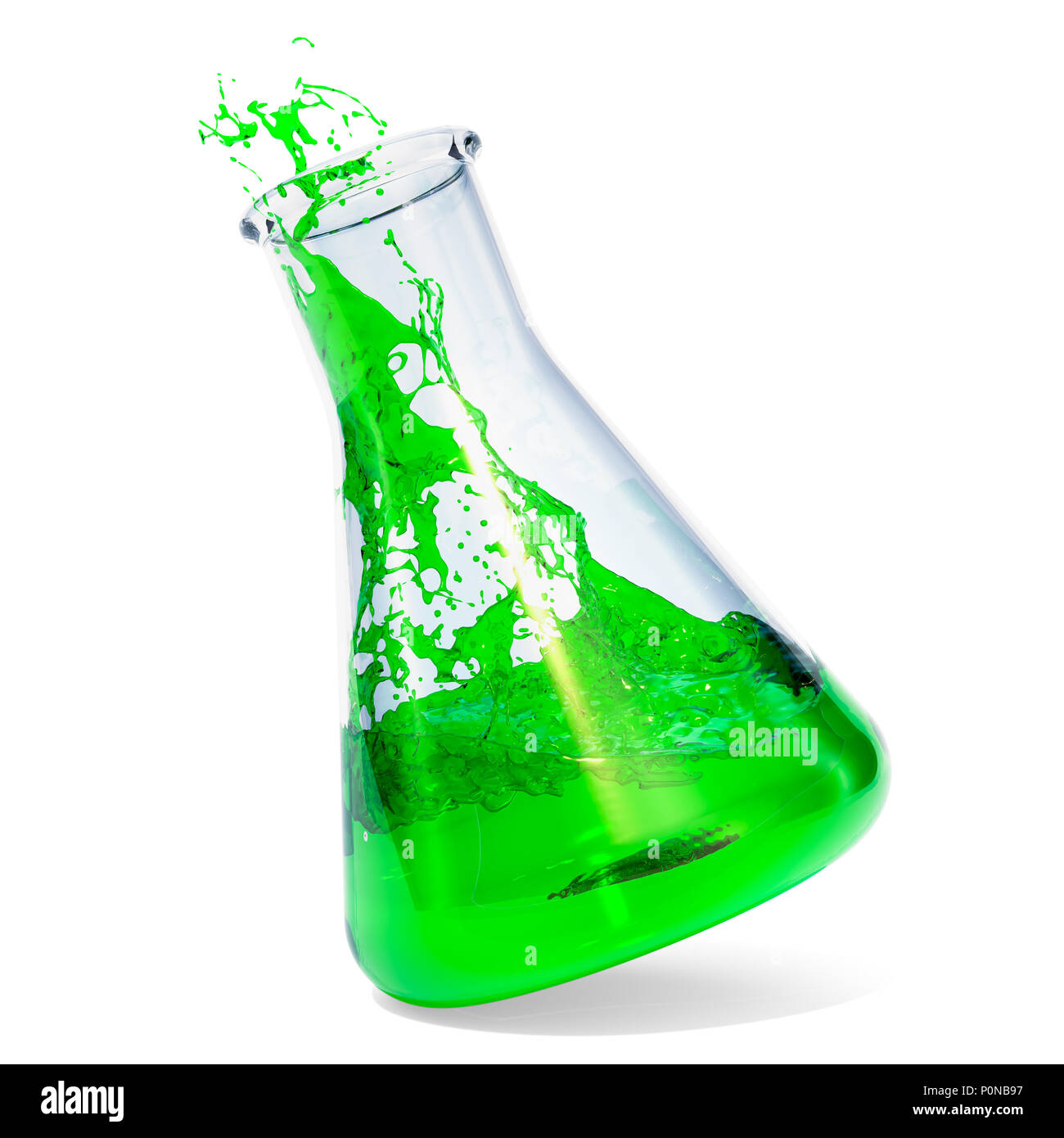 Chemical flask with green liquid and splash, 3D rendering isolated on ...