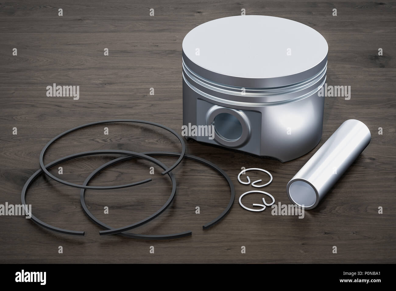 Parts of engine piston on the wooden table, 3D rendering Stock Photo ...