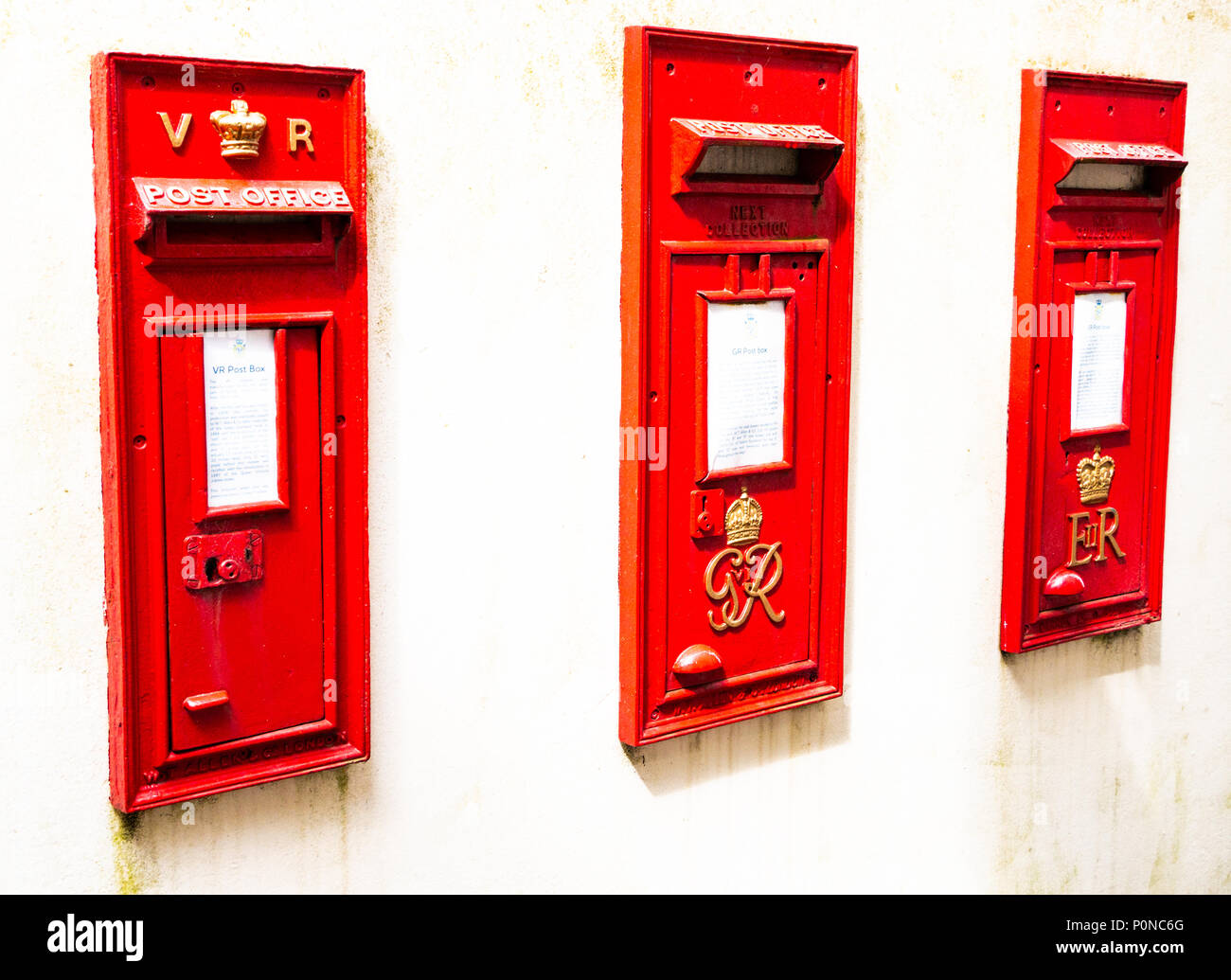 VR, GR, ER, Old wall-mounted post boxes, Ramsey, Isle of Man, UK Stock ...