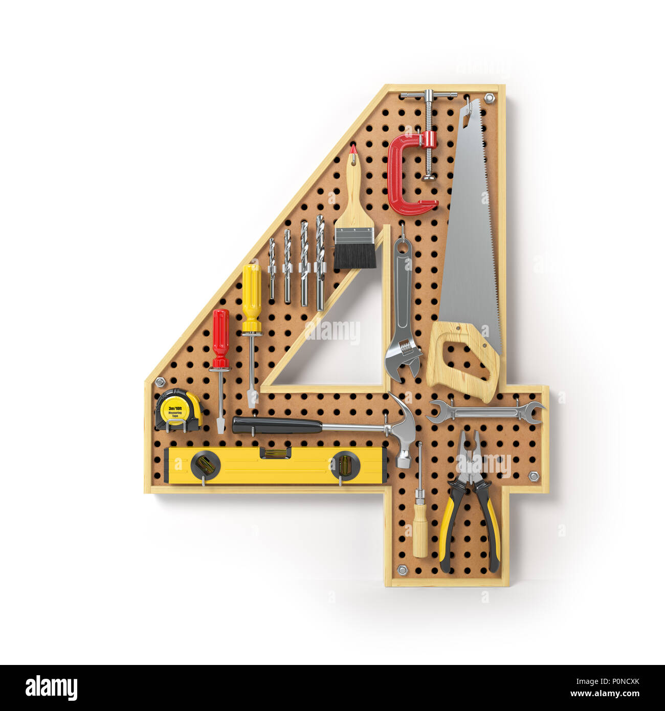 Number 4 four. Alphabet from the tools on the metal pegboard isolated ...