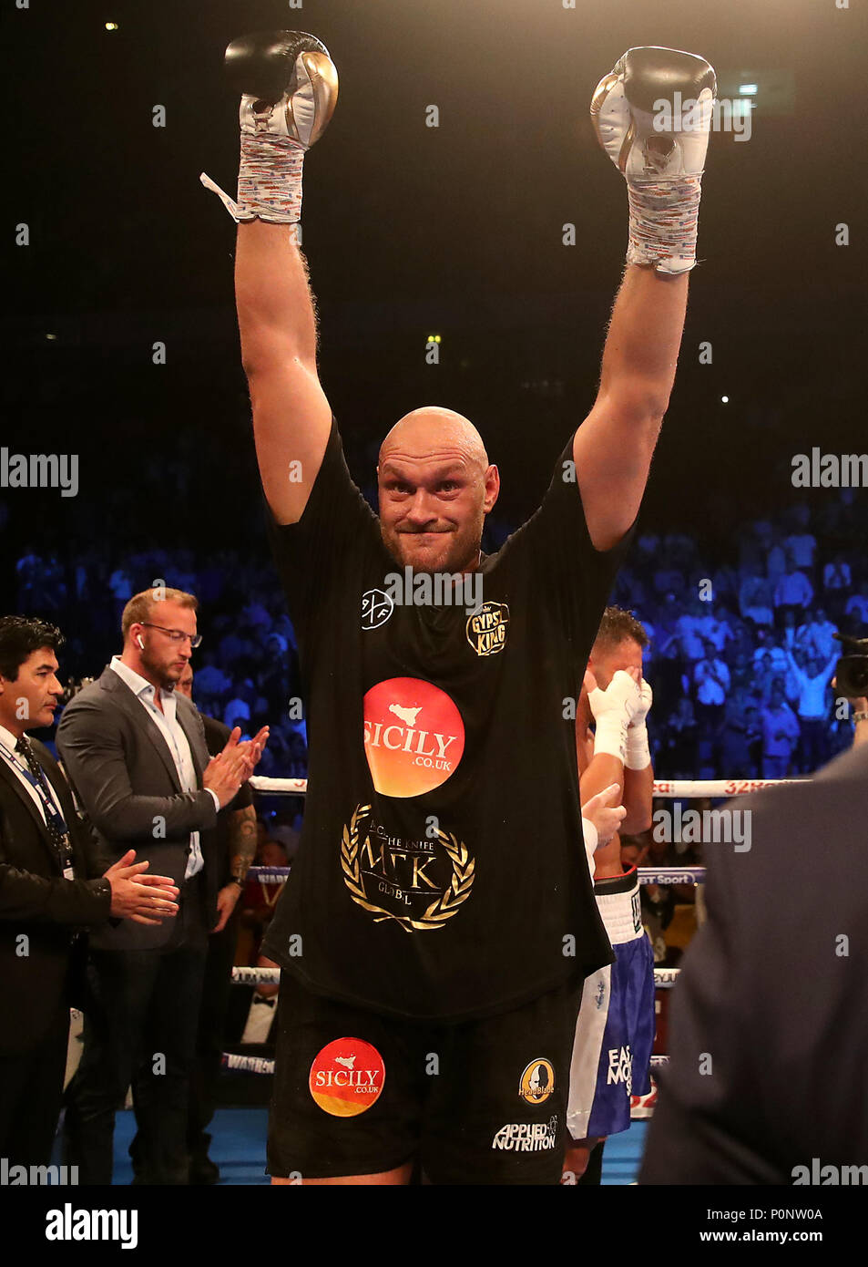 Tyson Fury celebrates beating Sefer Seferi during the International ...