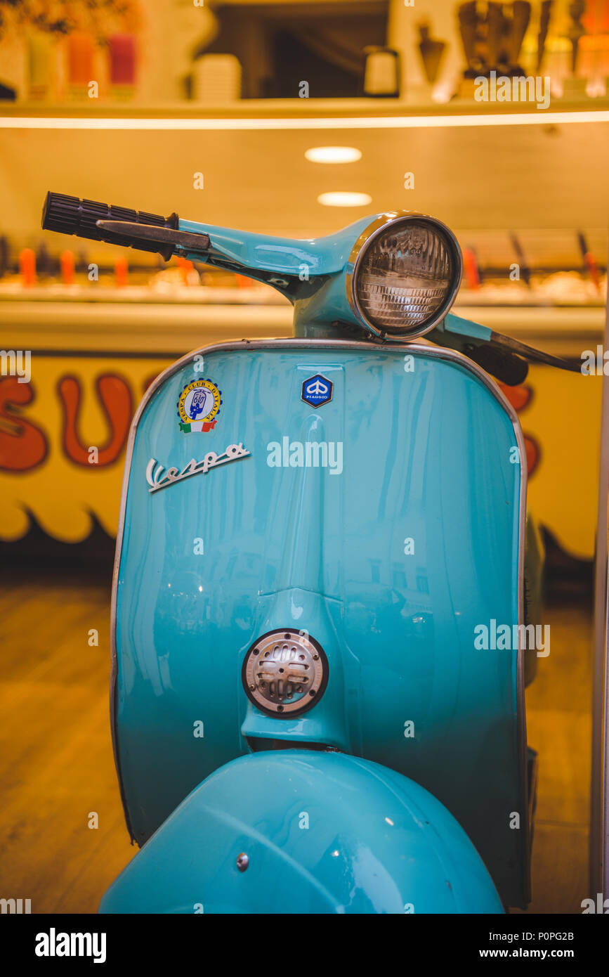 ROME, ITALY - 10 MARCH 2018: close-up shot of vintage vespa scooter ...