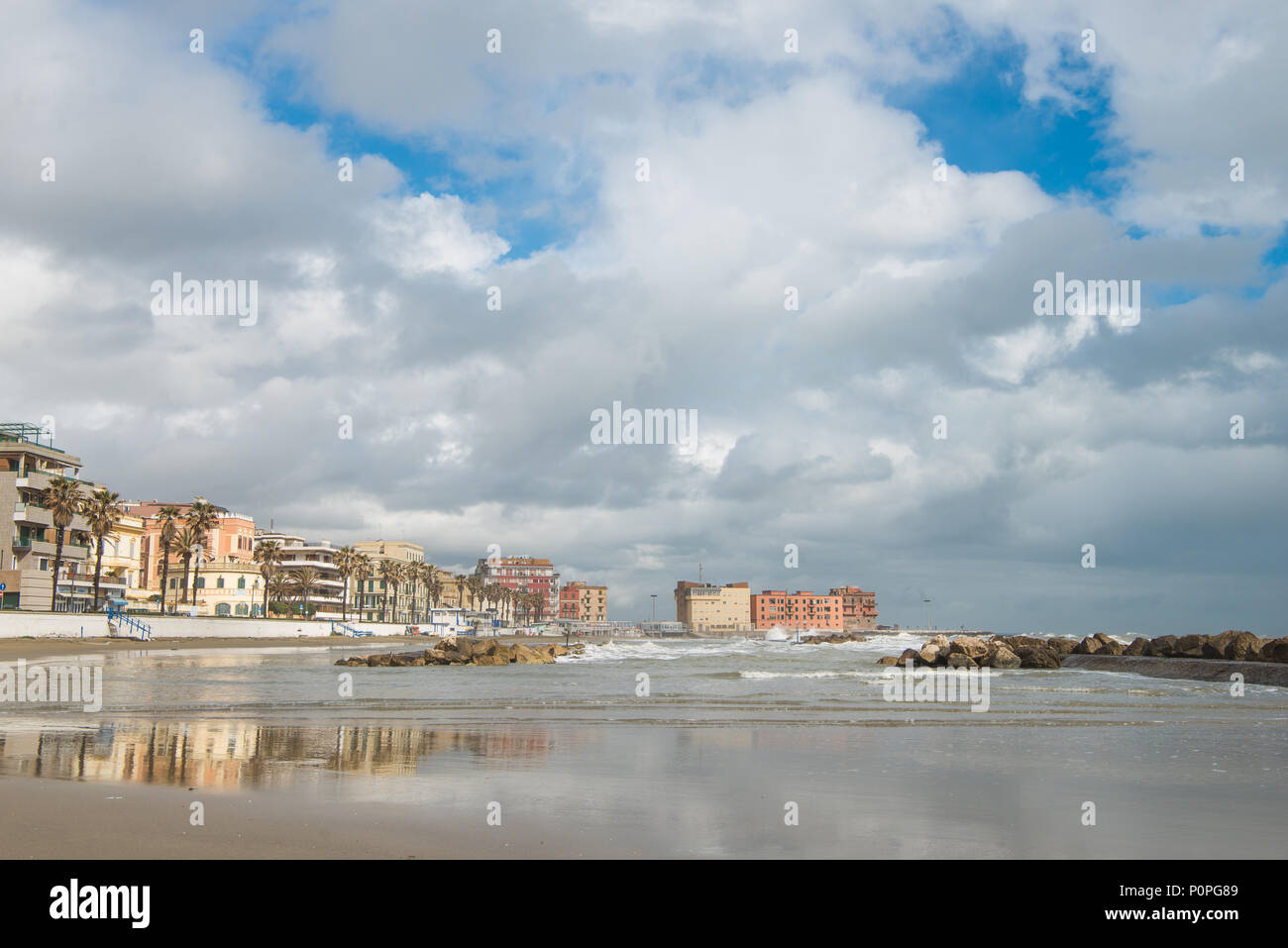antique buildings over coastline on cloudy day, Anzio, Italy Stock ...