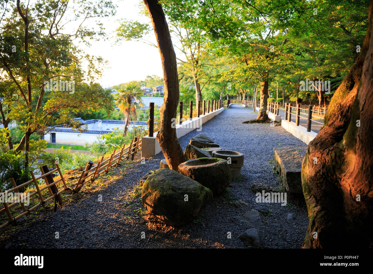 Stone benches at a rest area along the Philosopher's Path in Kyoto ...