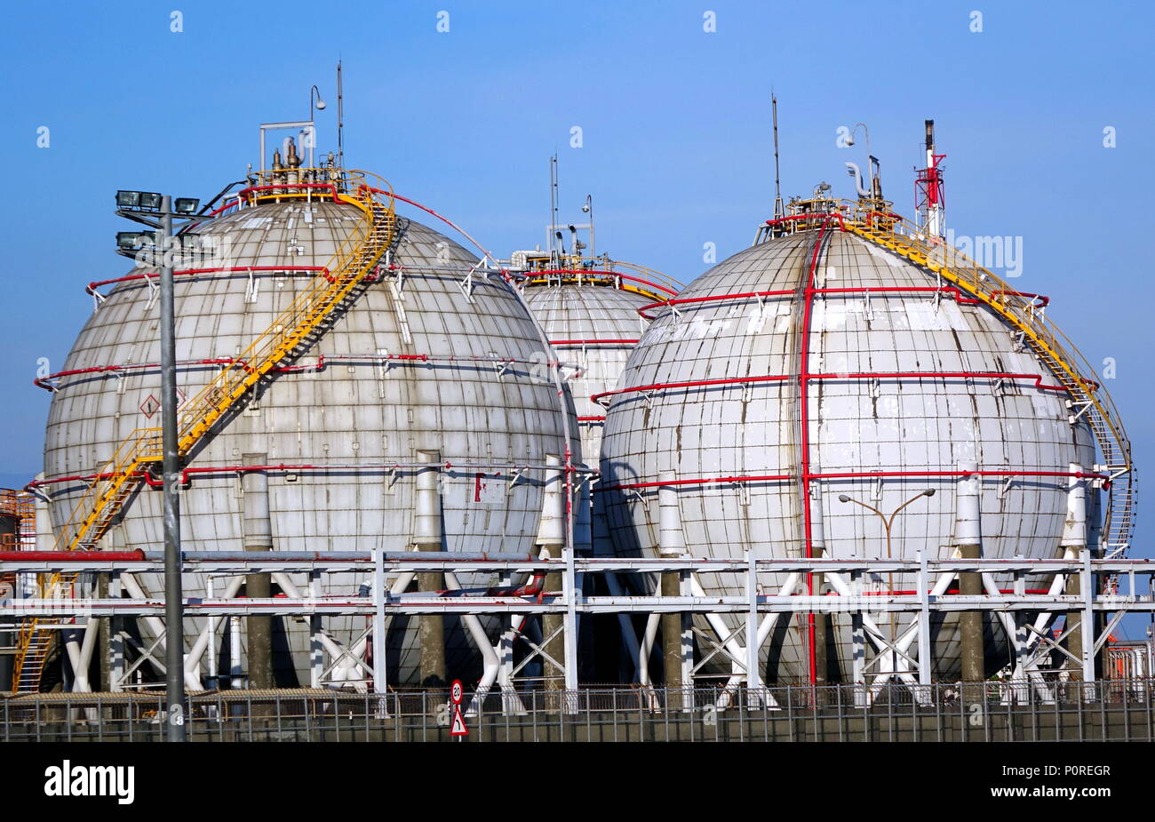 Large spherical fuel storage tanks with fuel pipes and ladders Stock ...