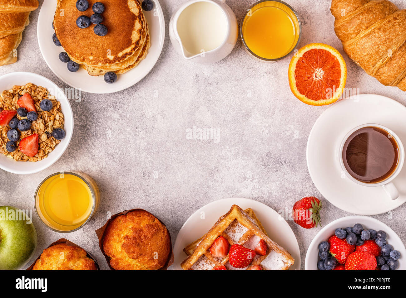 Delicious breakfast on a light table. Top view, copy space Stock Photo ...