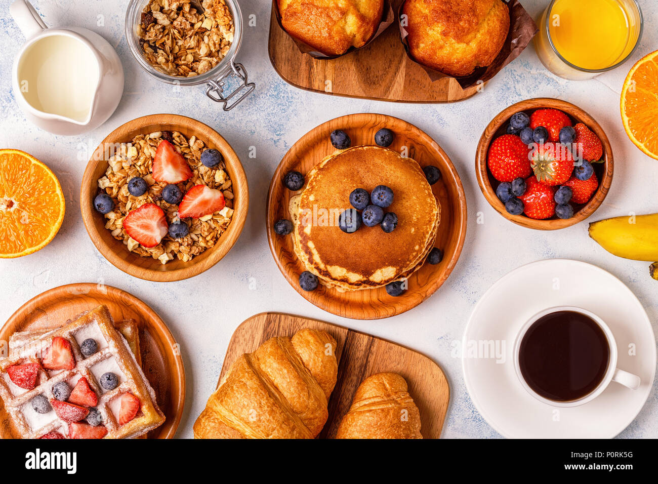 Delicious breakfast on a light table. Top view, copy space Stock Photo ...