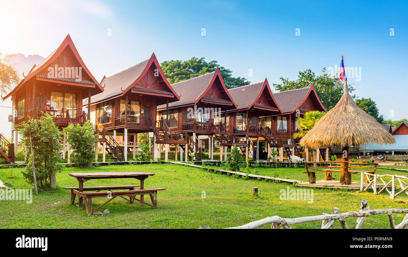 Village and bungalows along Nam Song River in Vang Vieng, Laos Stock ...