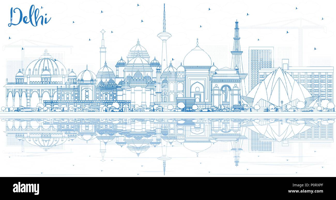 Outline Delhi India City Skyline with Blue Buildings and Reflections ...