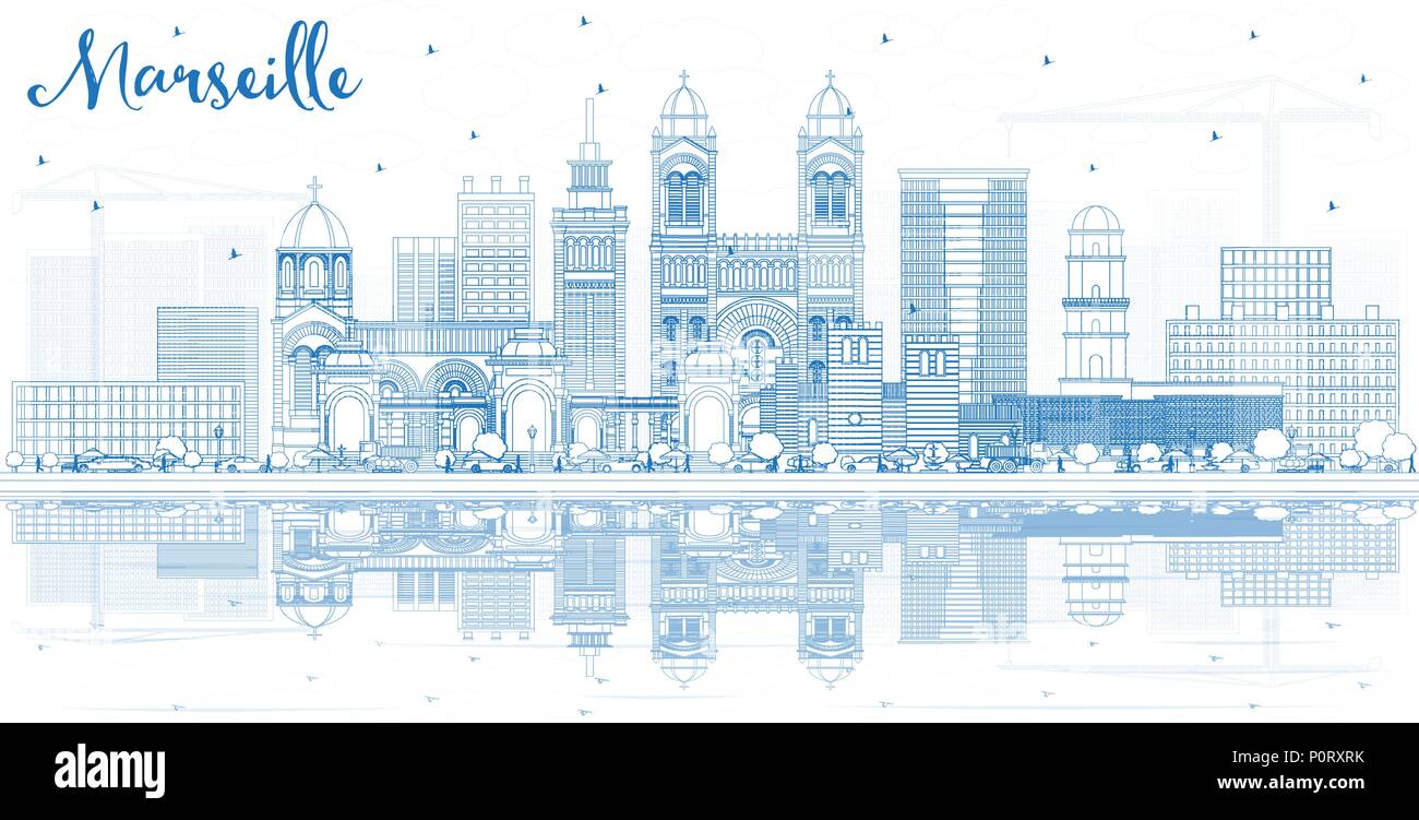 Outline Marseille France City Skyline with Blue Buildings and ...