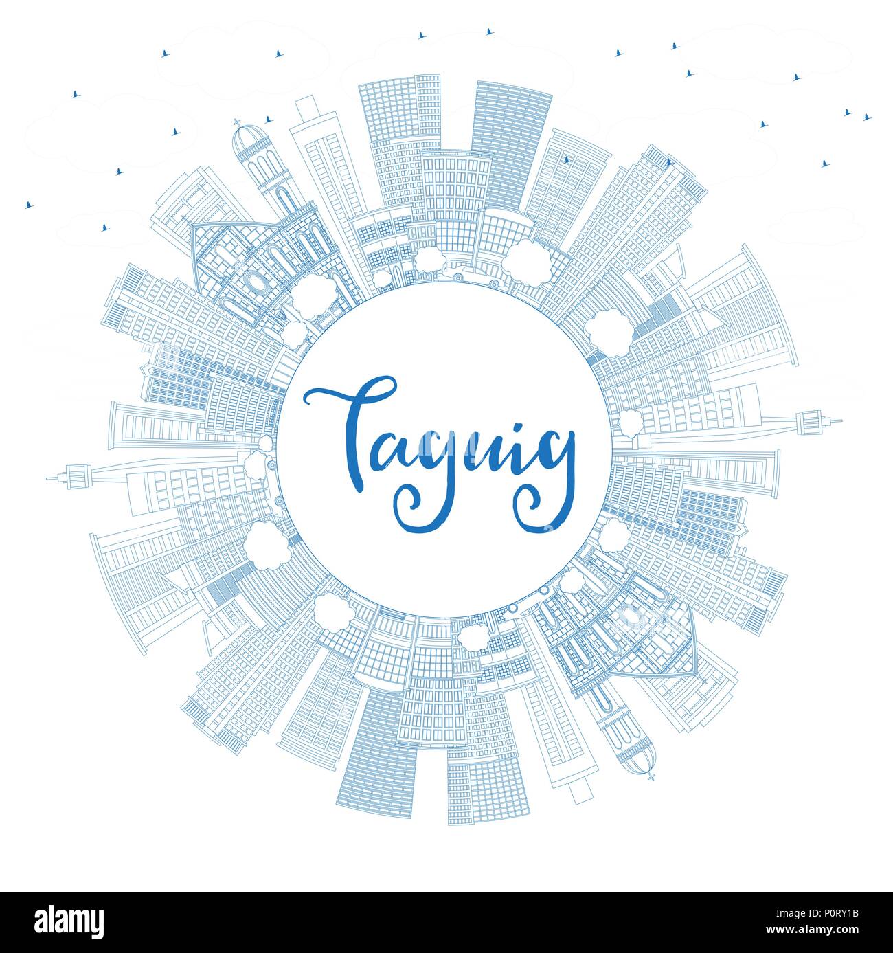 Outline Taguig Philippines City Skyline with Blue Buildings and Copy ...