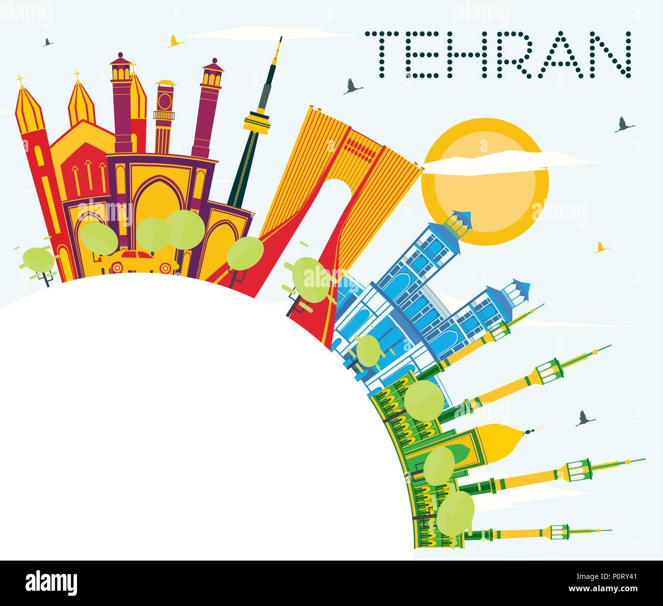 Tehran Skyline with Color Landmarks, Blue Sky and Copy Space. Vector ...