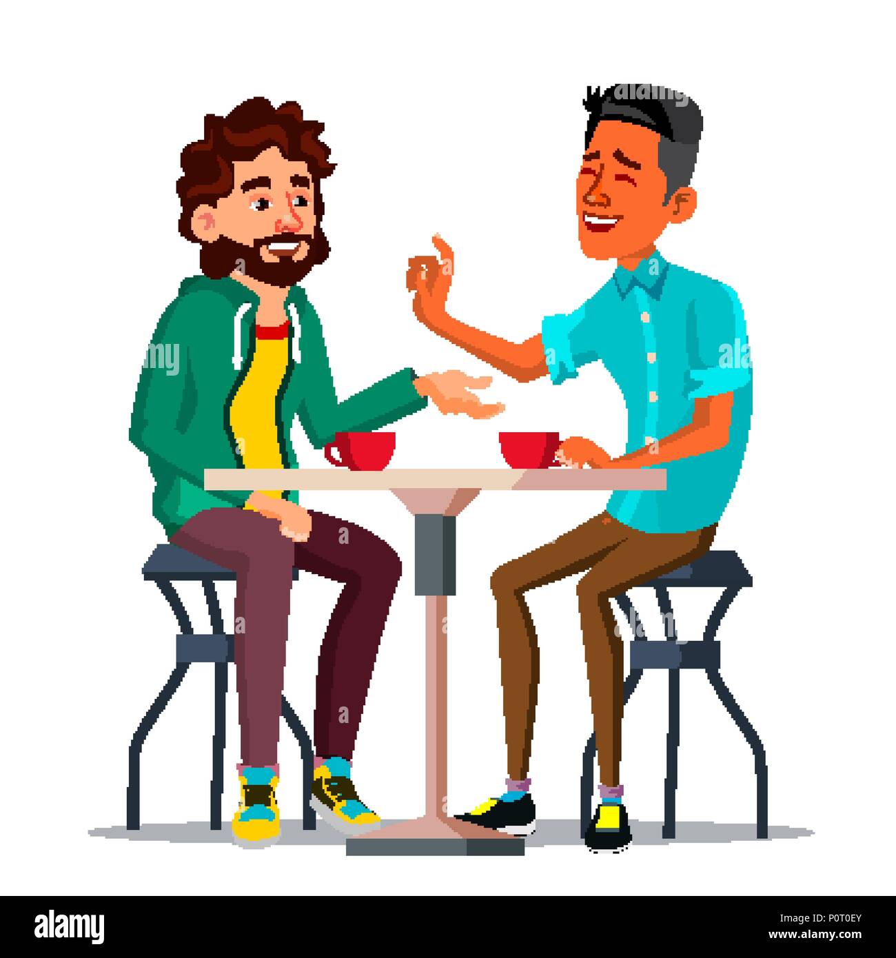 Friends In Cafe Vector. Two Man. Drinking Coffee. Bistro, Cafeteria ...
