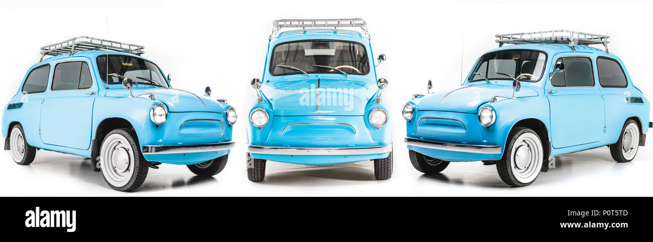 collage with blue retro car isolated on white Stock Photo - Alamy
