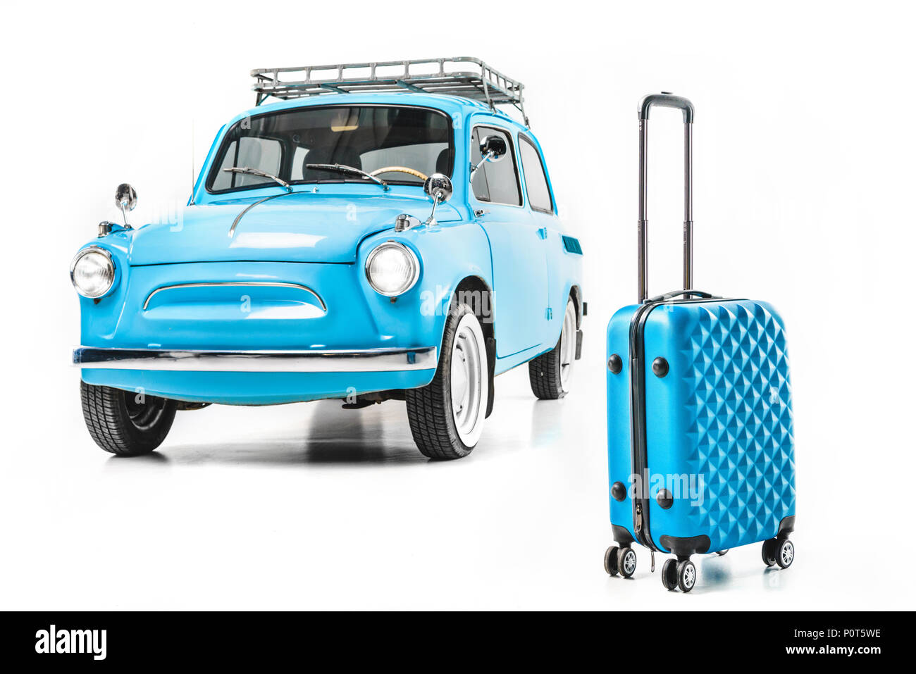 blue retro car with luggage isolated on white Stock Photo - Alamy