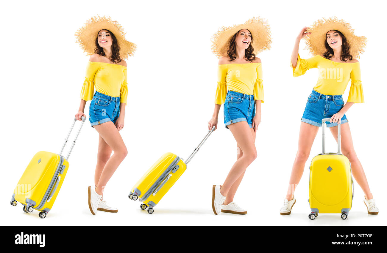 beautiful young woman smiling and pulling luggage isolated on white ...