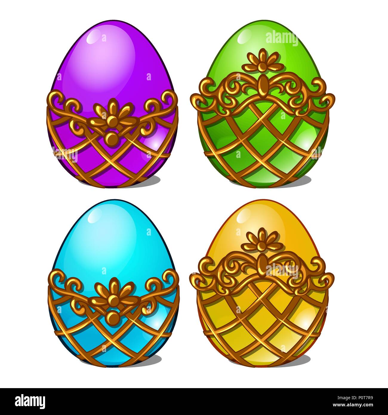 A set of multicolored eggs in a golden frame isolated on white ...