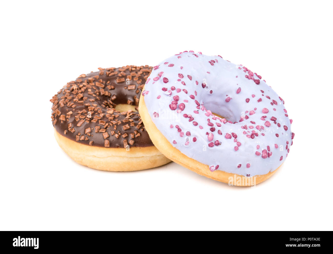 Two donut with chocolate icing and blue isolated on white background ...