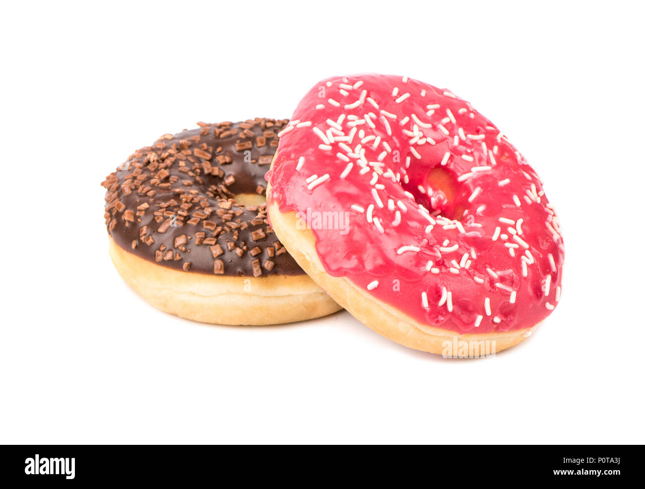 Two donut with chocolate icing and pink isolated on white background ...
