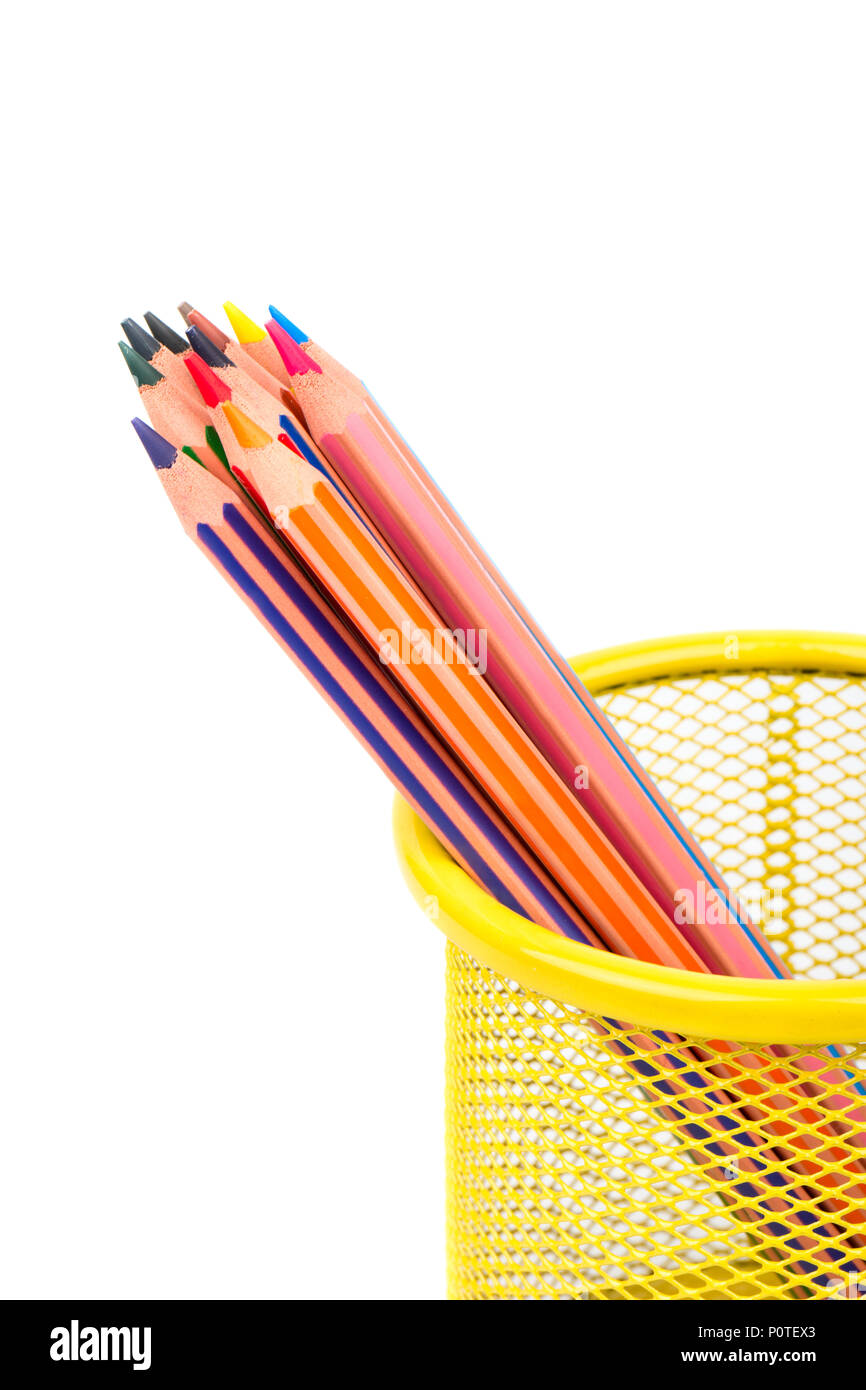 Colored pencils in a metal basket on white background Stock Photo - Alamy