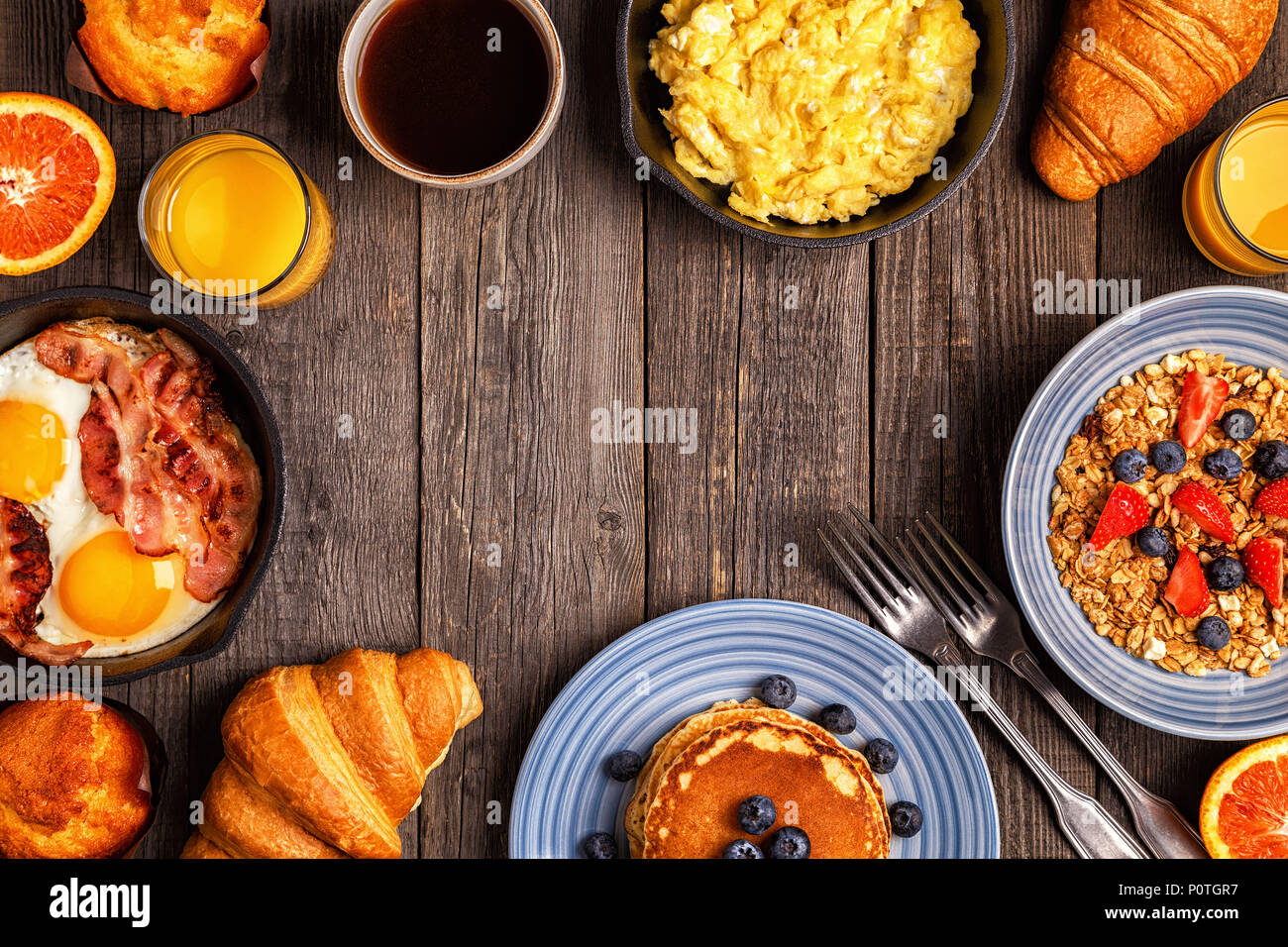 Delicious breakfast on a rustic table. Top view, copy space Stock Photo ...
