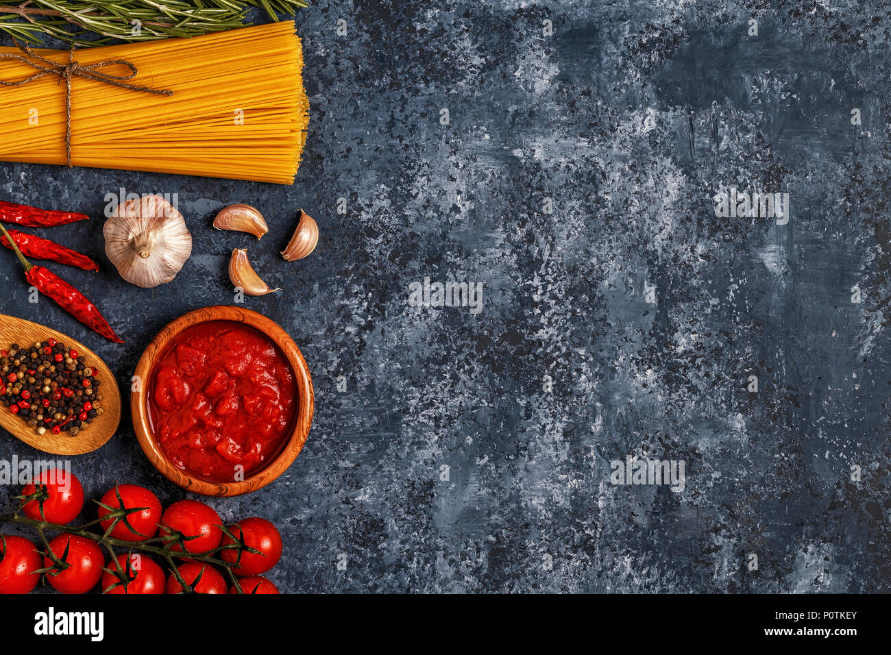 Italian food background with pasta, spices and vegetables. Top view ...