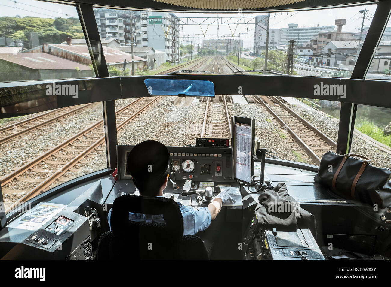 Yufuin no Mori express train's engine driver view in Japan Stock Photo ...