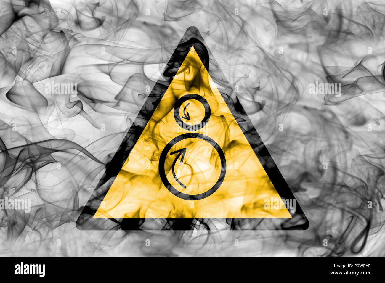 Counter rotating roller hazard warning smoke sign. Triangular warning ...