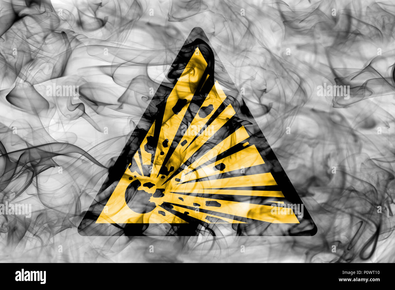 Explosive substances hazard warning smoke sign. Triangular warning ...