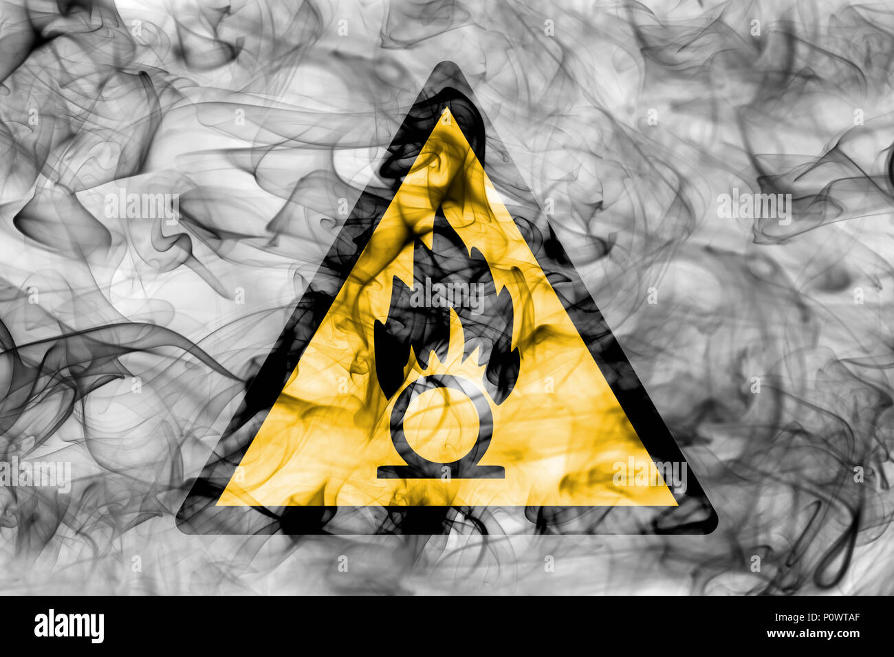 Oxidising materials hazard warning smoke sign. Triangular warning ...