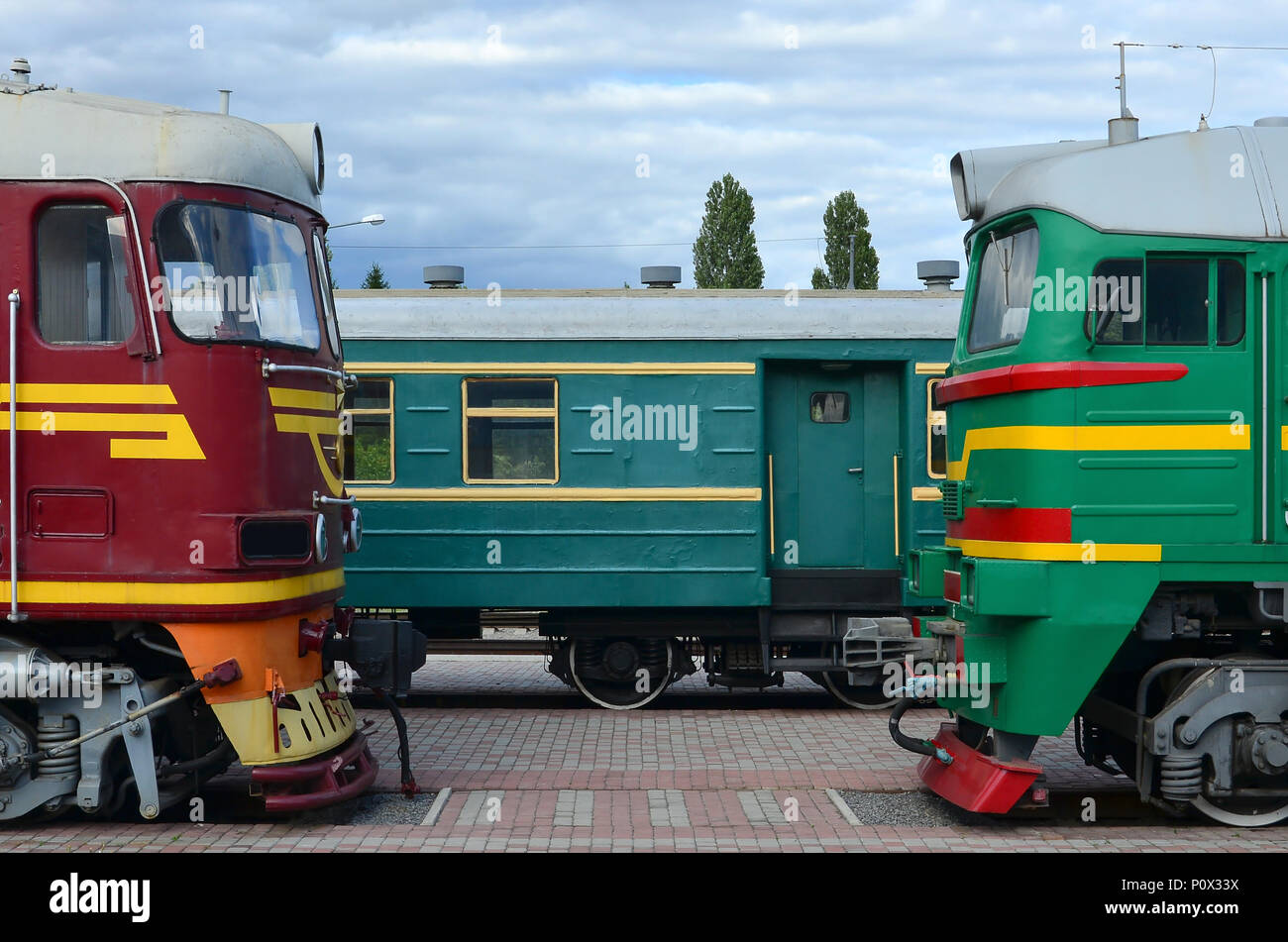 Cabs of modern Russian electric trains. Side view of the heads of ...