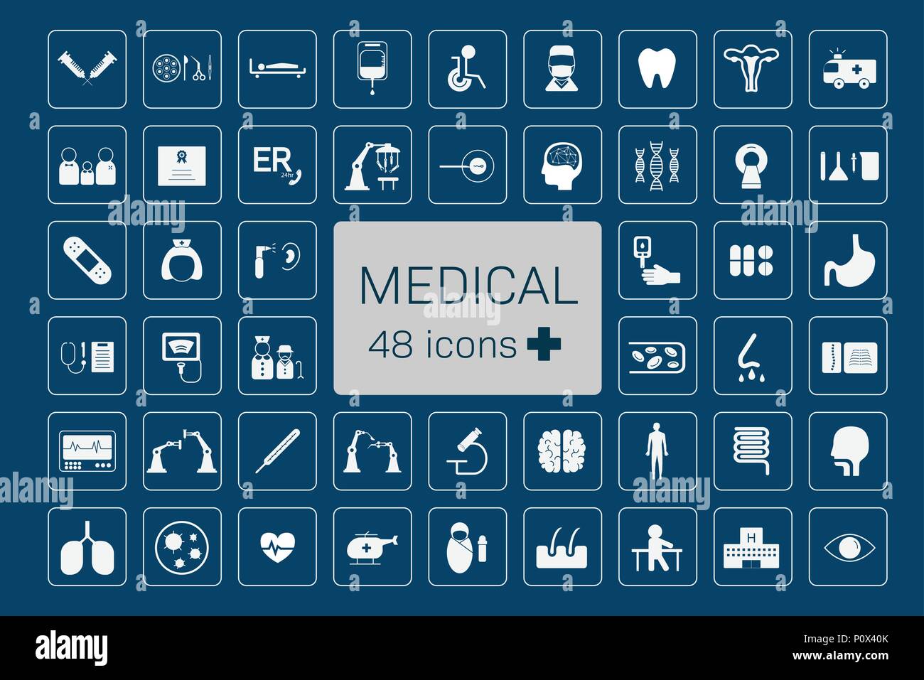 48 medical treatment and equipment icons on blue background vector ...