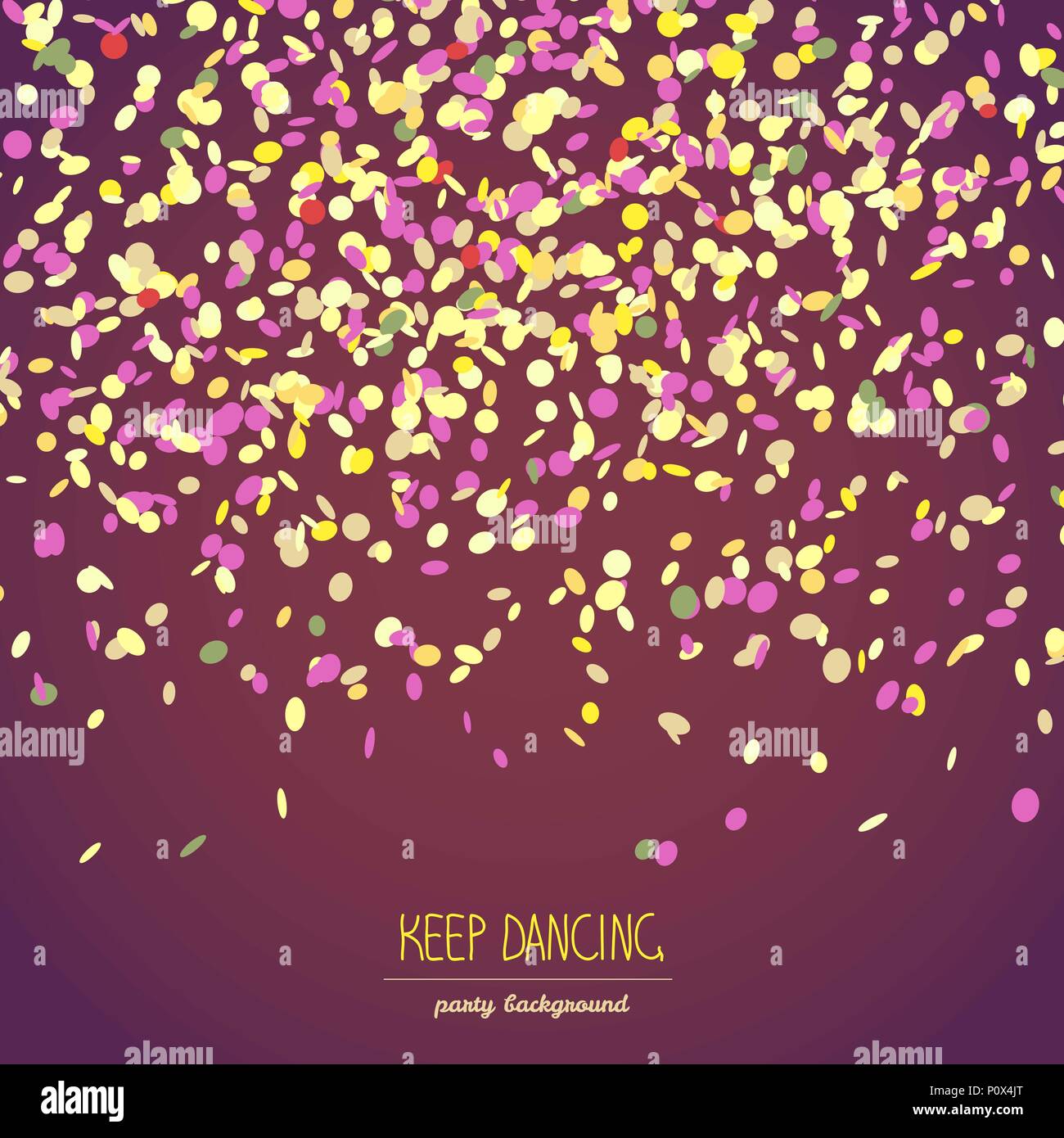 Keep dancing. Party card or banner with confetti. Copy space for text ...