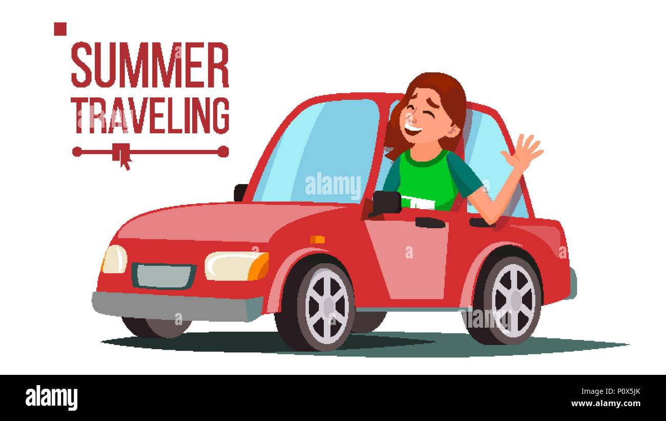 Cartoon Woman Driving On Road