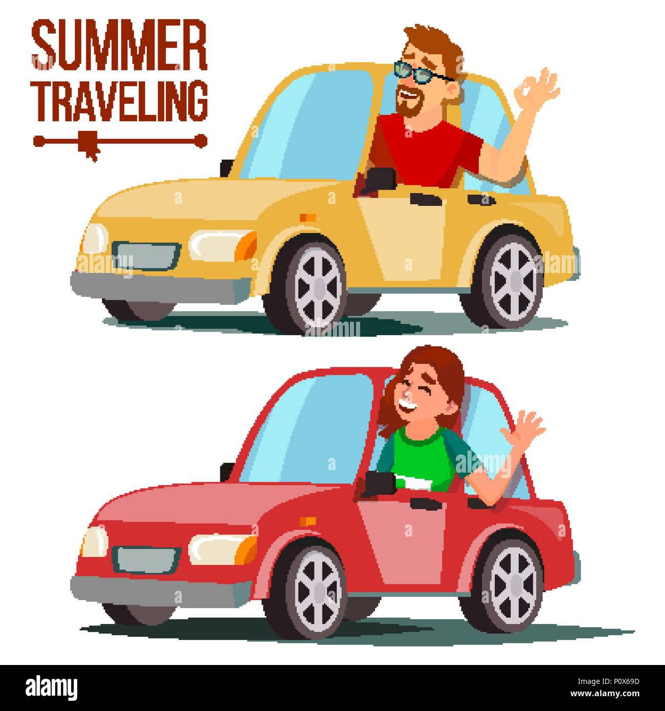 Summer Travelling By Car Vector. Male, Female. Girl And Boy In Summer ...