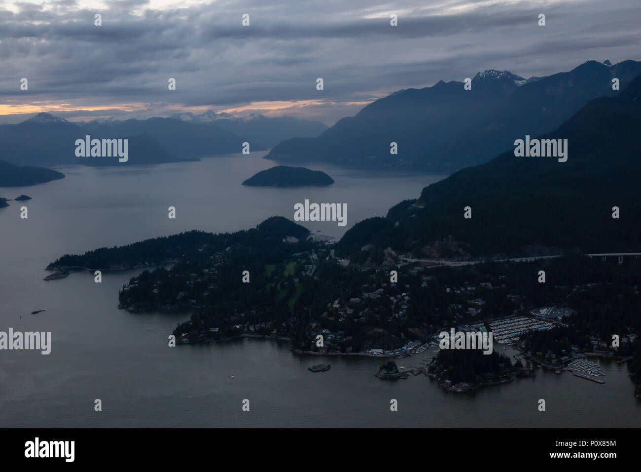 Aerial view of the Horseshoe Bay during a vibrant sunset. Taken in ...