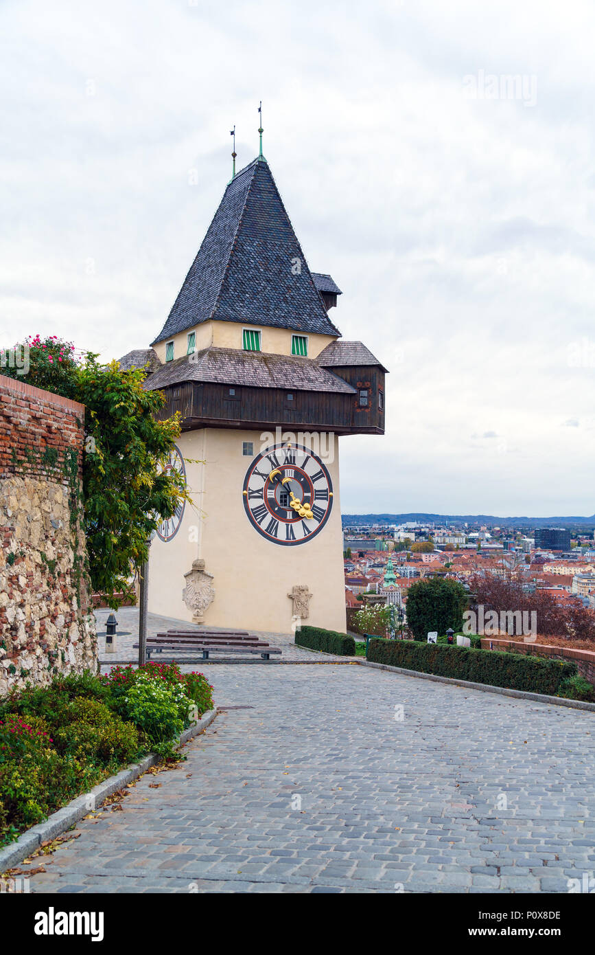 The Schlossberg or Castle Hill with the clock tower Uhrturm, Graz ...